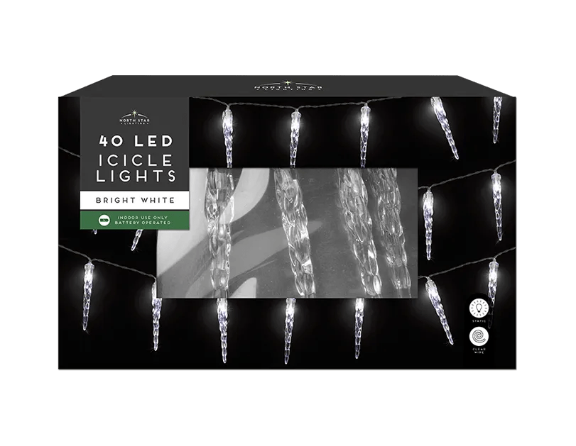 Bright White LED Battery Operated Christmas Icicle Lights 40 count